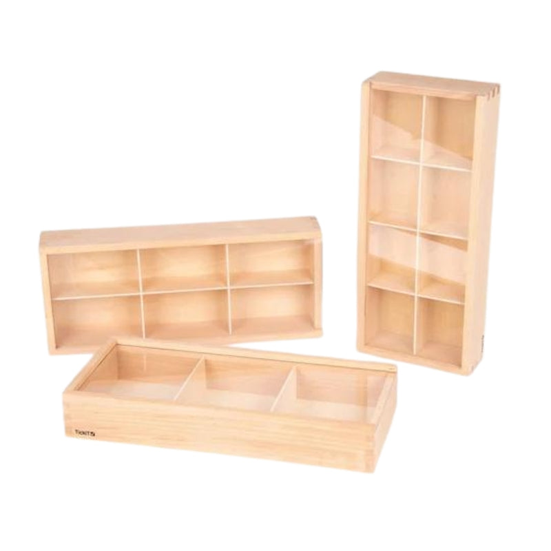 TickiT - Houten sorteerbakken met deksel - 3 stuks – Kinder Wonderland